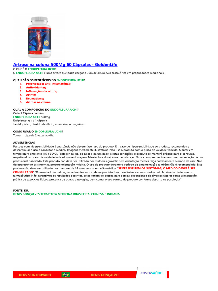 Artrose Na Coluna 500Mg 60 Cápsulas - GoldenLife - Uxi | PDF