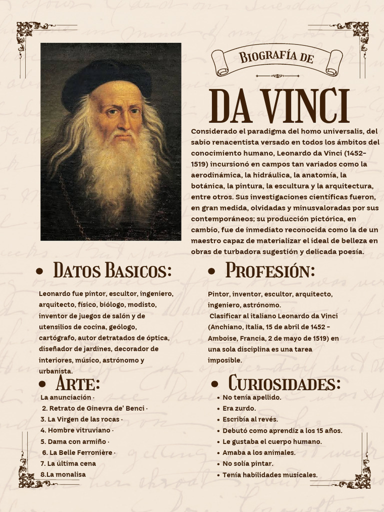Da Vinci: Datos Basicos: Profesión | PDF | Leonardo Da Vinci | Las artes