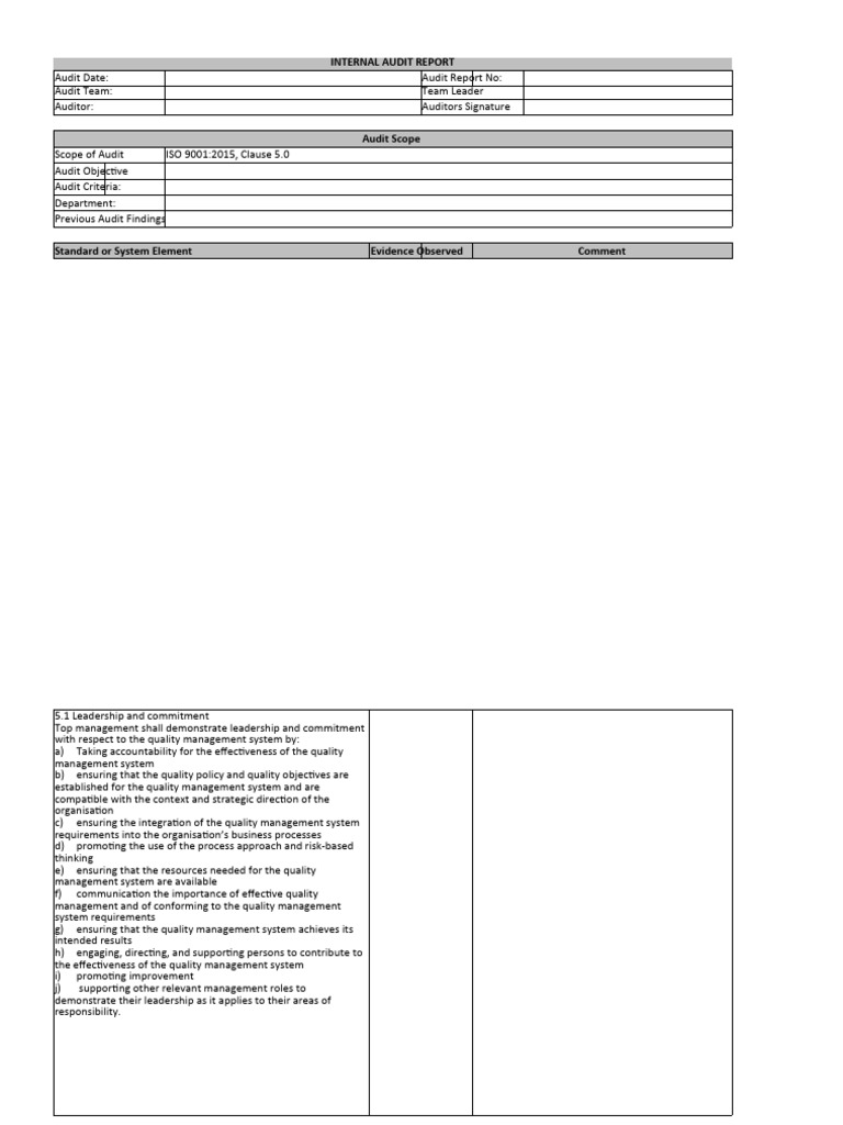 Internal Audit Template ISO 9001 - 5.0 | Download Free PDF | Audit ...