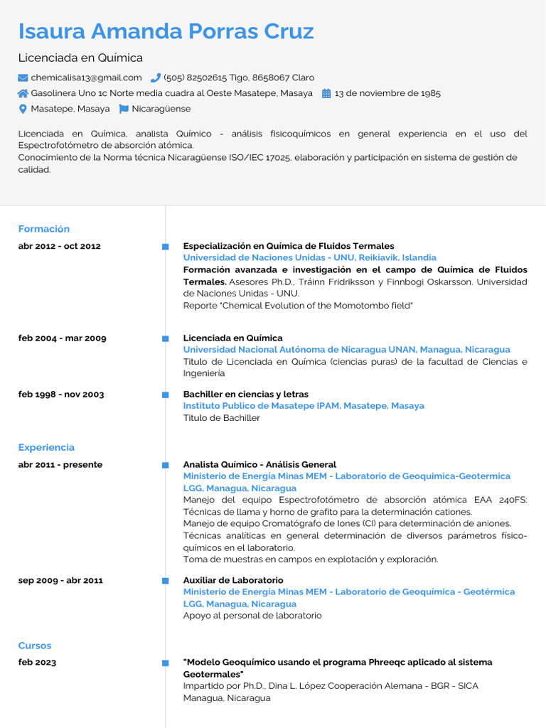 CV Isaura Amanda Porras Cruz | PDF | Nicaragua | Química