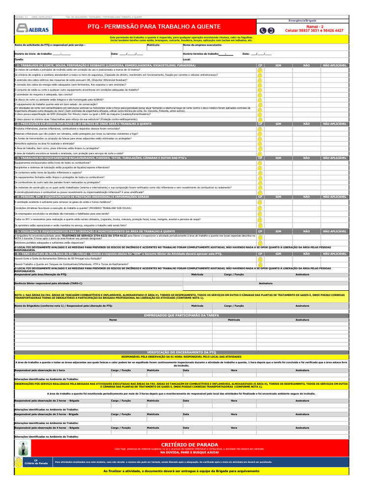 AB-05-03-17 - Anexo 02 - Permissão de Trabalho A Quente - PTQ - Rev. 11 de 02.01.2024 | PDF ...