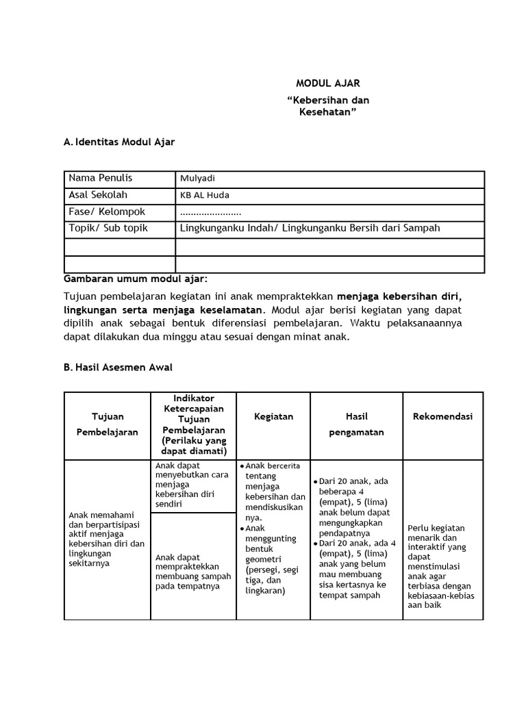 Modul Ajar PAUD - Kebersihan Dan Kesehatan - Fase Fondasi | PDF