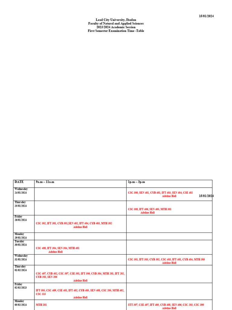 1st Sem 2024 Exam Timetable Comp Sci | PDF