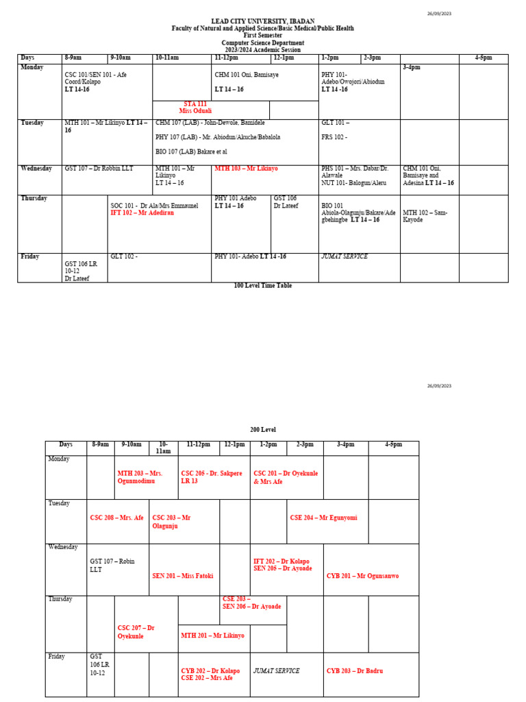 1st Semester Timetable Computer Science 2023 2024 Pdf