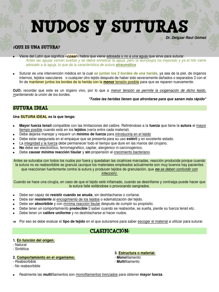 NUDOS Y SUTURAS Dr. Delgzar Raúl Gómez | PDF | Fibra sintética | Sutura Quirúrgica