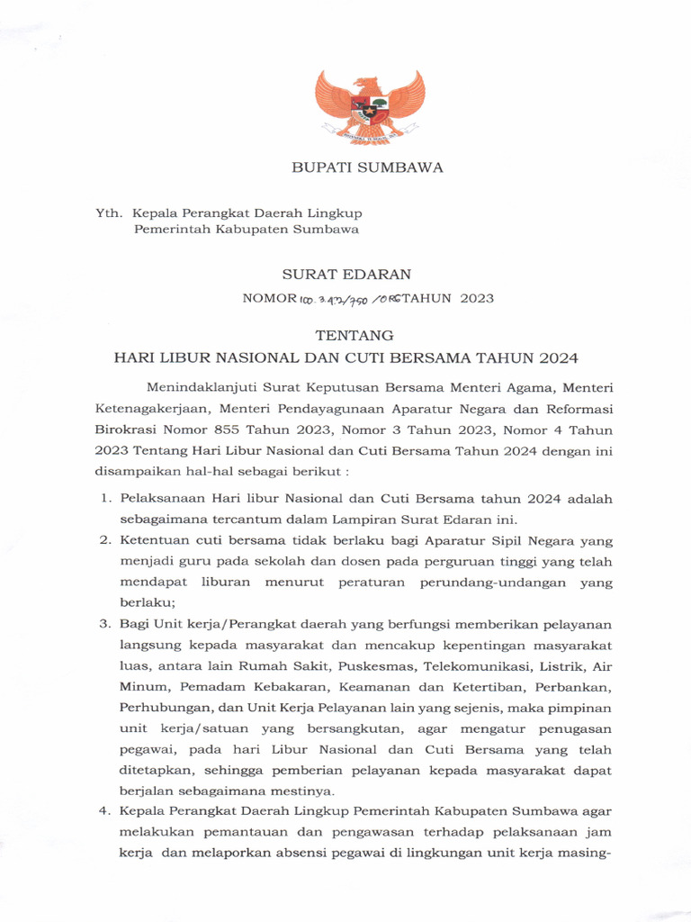 Surat Edaran Cuti Tahun 2024 | PDF