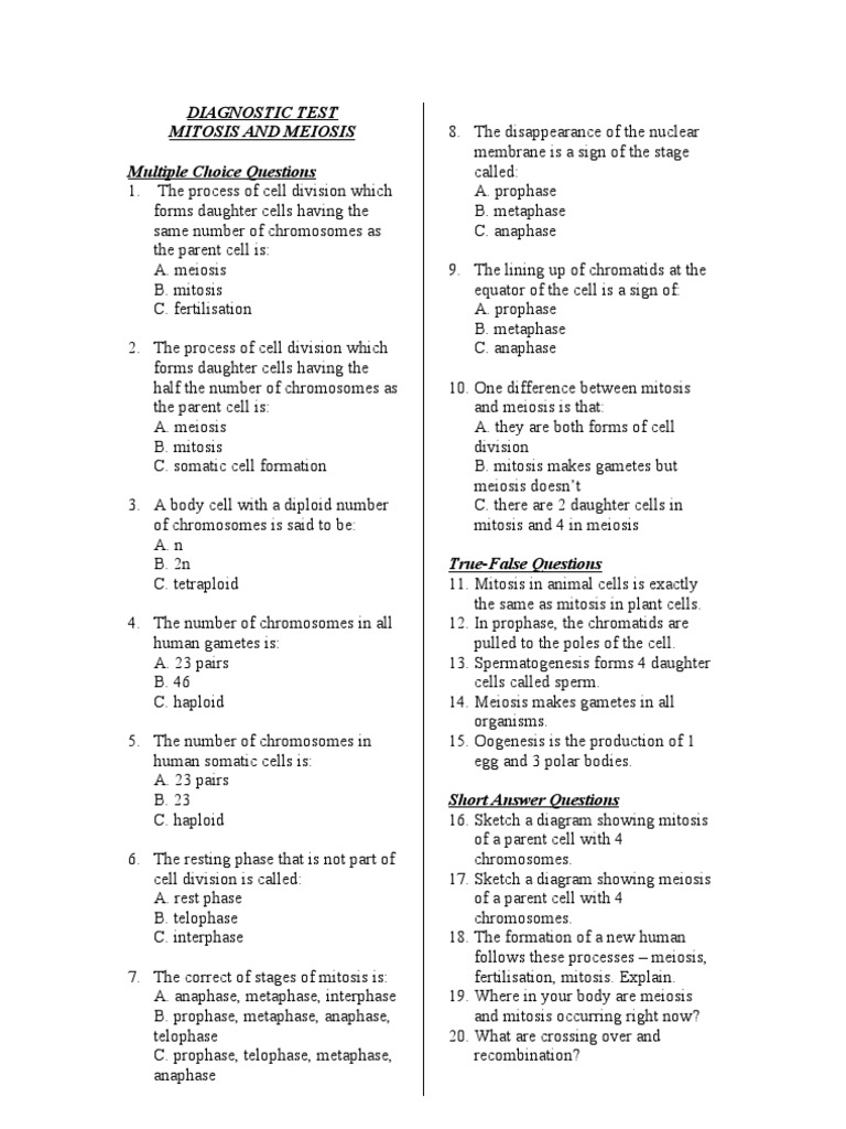 Diagnostic Test Mitosis and Meiosis Multiple Choice Questions | PDF ...