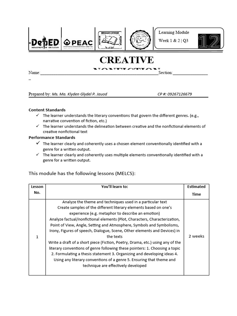 Learning Module Grade 12 q1 | PDF | Poetry | Creative Nonfiction