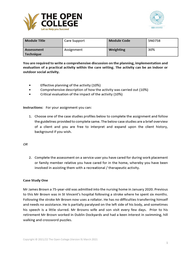 Care Support (5N0758) Assignment Brief - March 2021 | PDF | Dementia ...