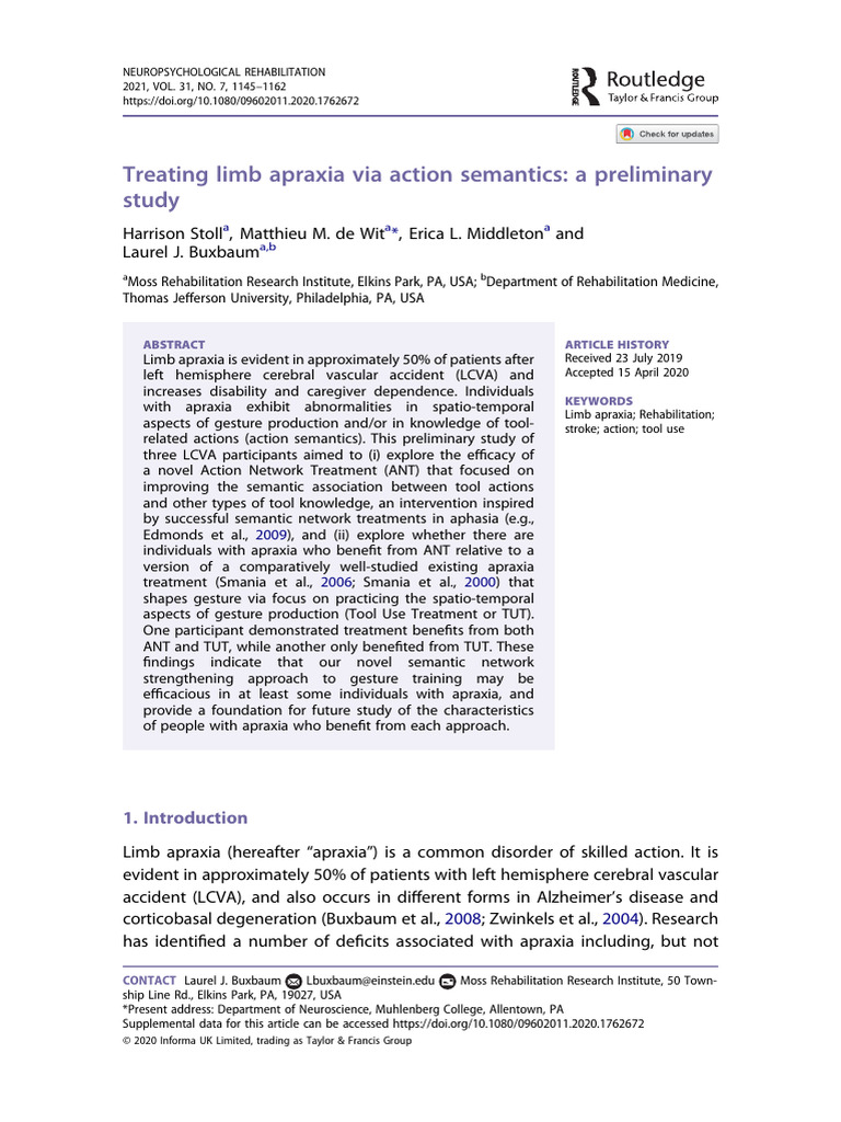 Treating Limb Apraxia Via Action Semantics | PDF | Aphasia | Neuroscience