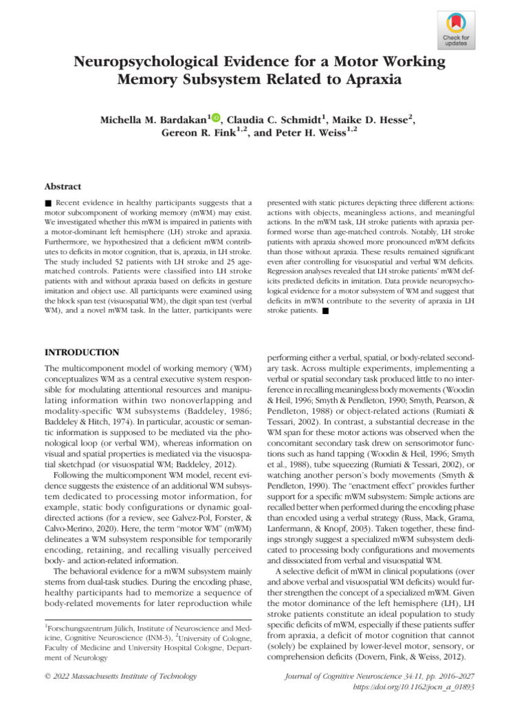 Neuropsychological Evidence For A Motor Working | PDF