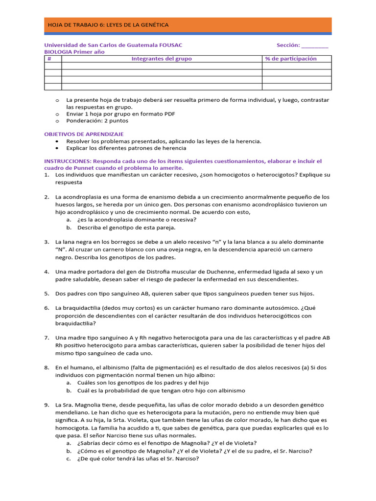 Hoja 6 Genetica Mendeliana | PDF | Cigosidad | Dominancia (Genética)