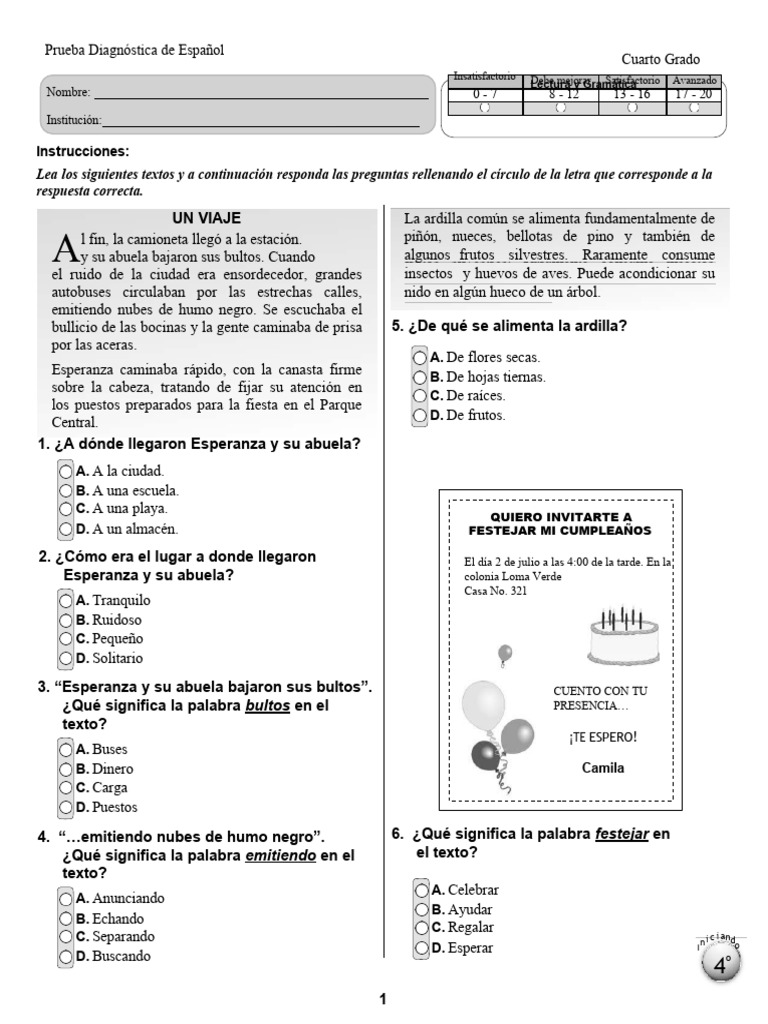 Prueba Diagnóstica 4º Español | PDF
