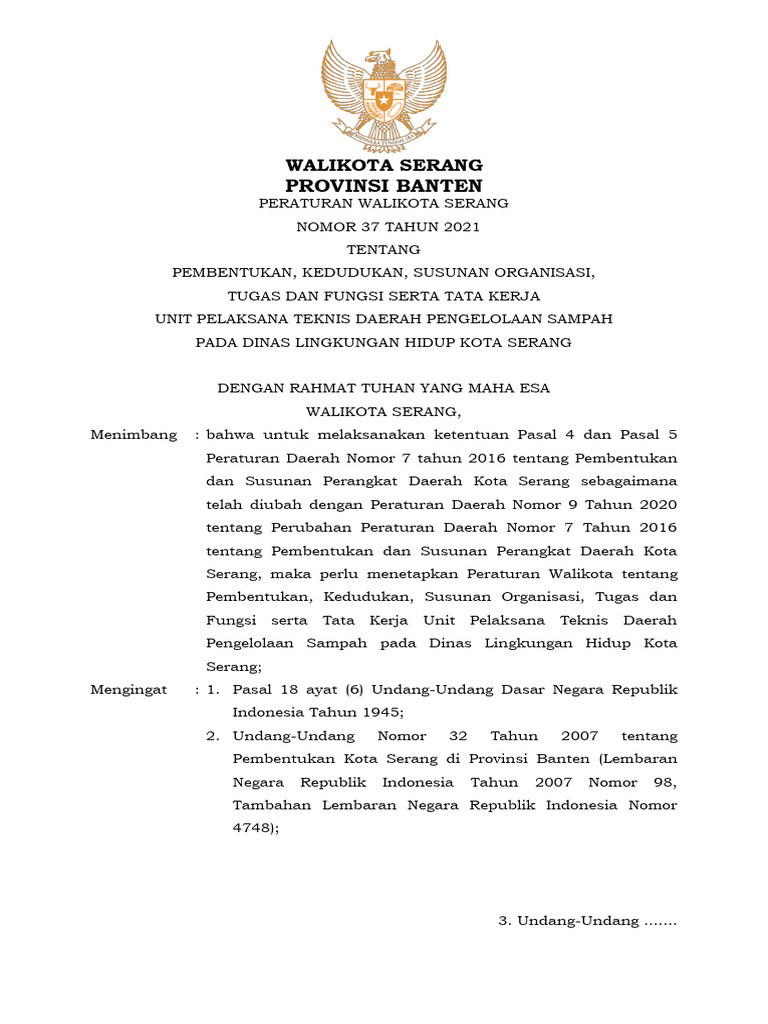 Perwal Kota Serang No 37 TH 2021 TTG UPTD Pengelolaan Sampah | PDF