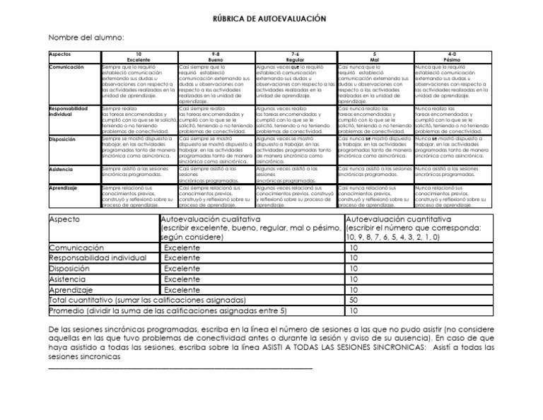 Rubrica de Autoevaluación Segundo Parcial | PDF | Aprendizaje | Cognición