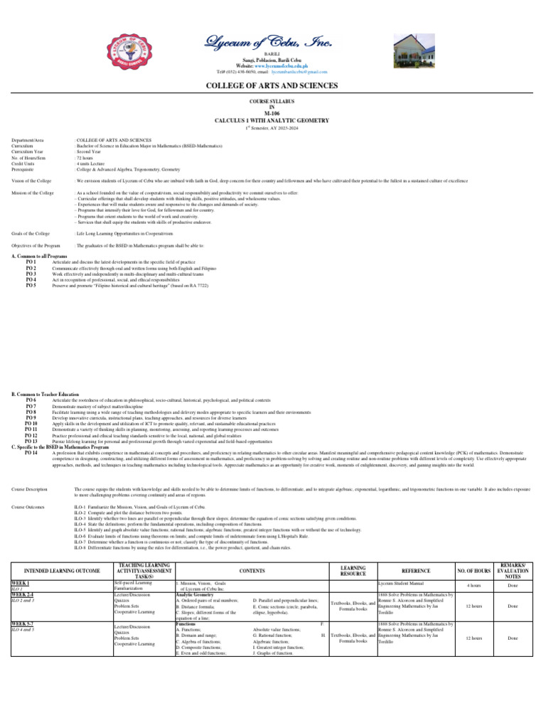 Syllabus Calculus 1 With Analytic Geometry | PDF | Function ...