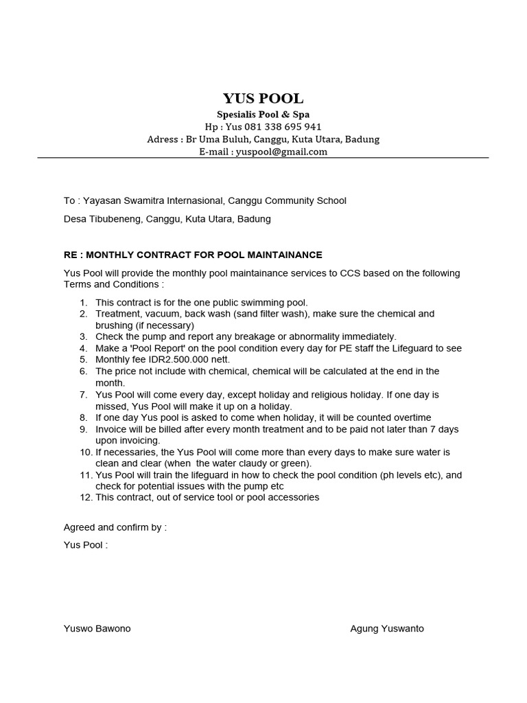 Pool Cleaner Contract - Yus Pool | PDF