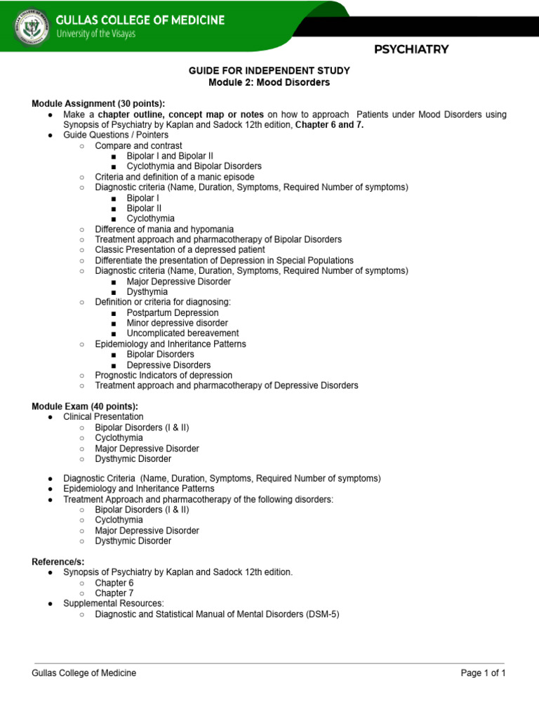 Psychiatry Module 2 - Guide For Independent Study | PDF