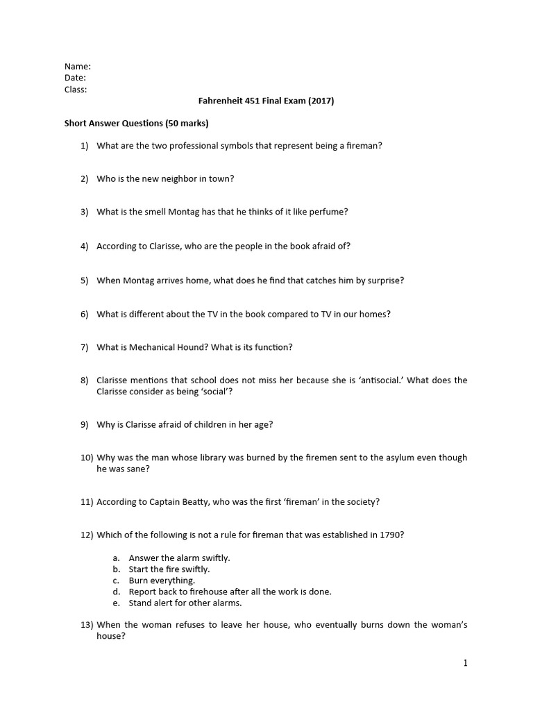 Fahrenheit 451 Final Exam Questions | PDF