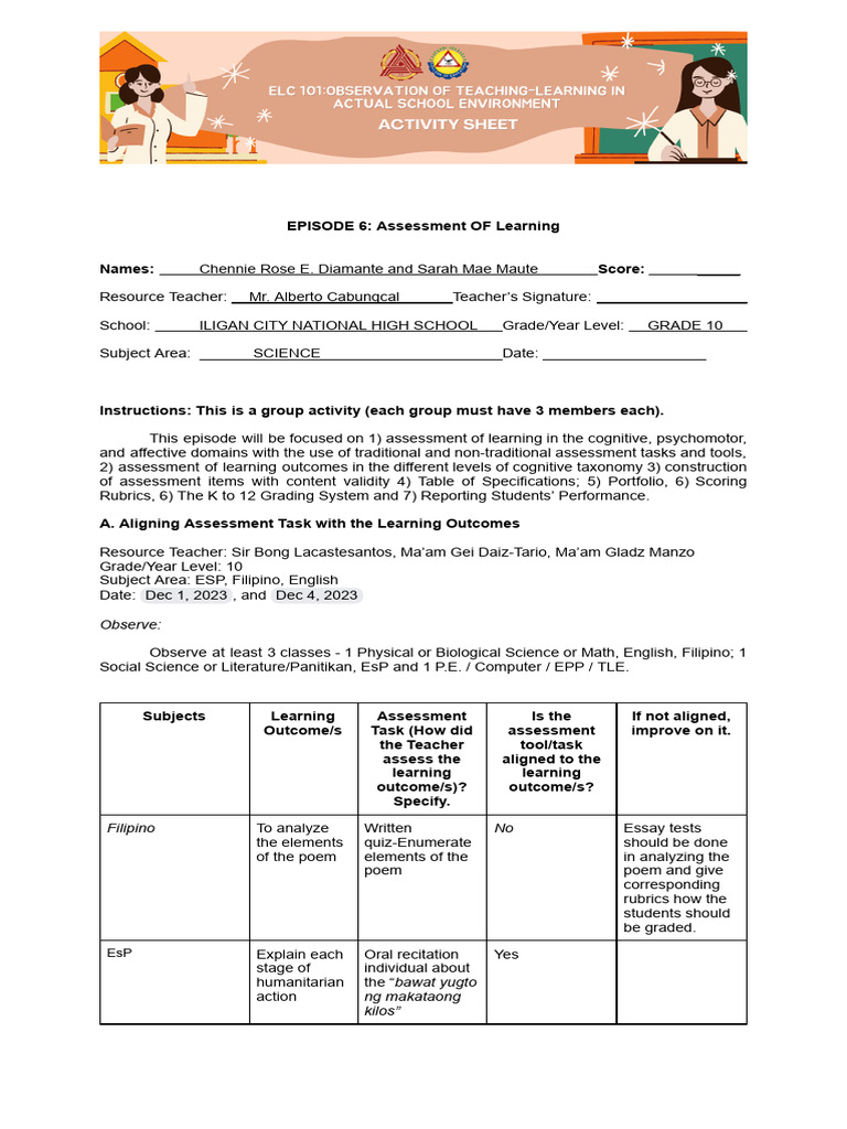 Elc 101 Worksheet Pdf Rubric Academic Educational Assessment