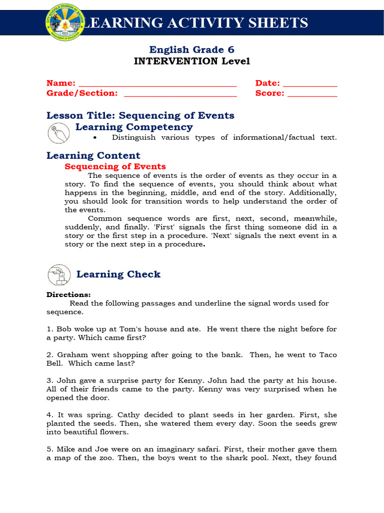 GR6 Las Sequencing of Events Intervention | PDF | Cooking | Cuisine