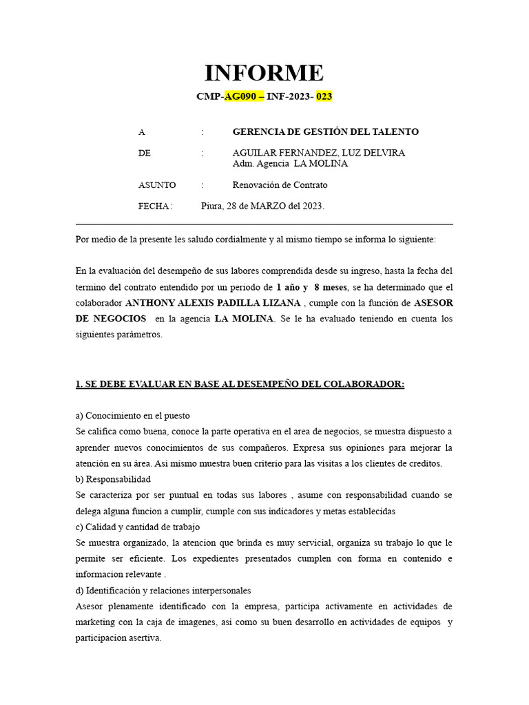 ASESOR de NEGOCIOS - Plantilla de Informe - Renovación (1) Anthony Padilla | PDF | Business | Bancos