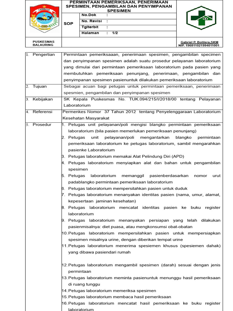 Ep. 1 Sop Permintaan Pemeriksaan, Penerimaan Spesimen, Pengambilan Dan Penyimpanan Spesimen | PDF