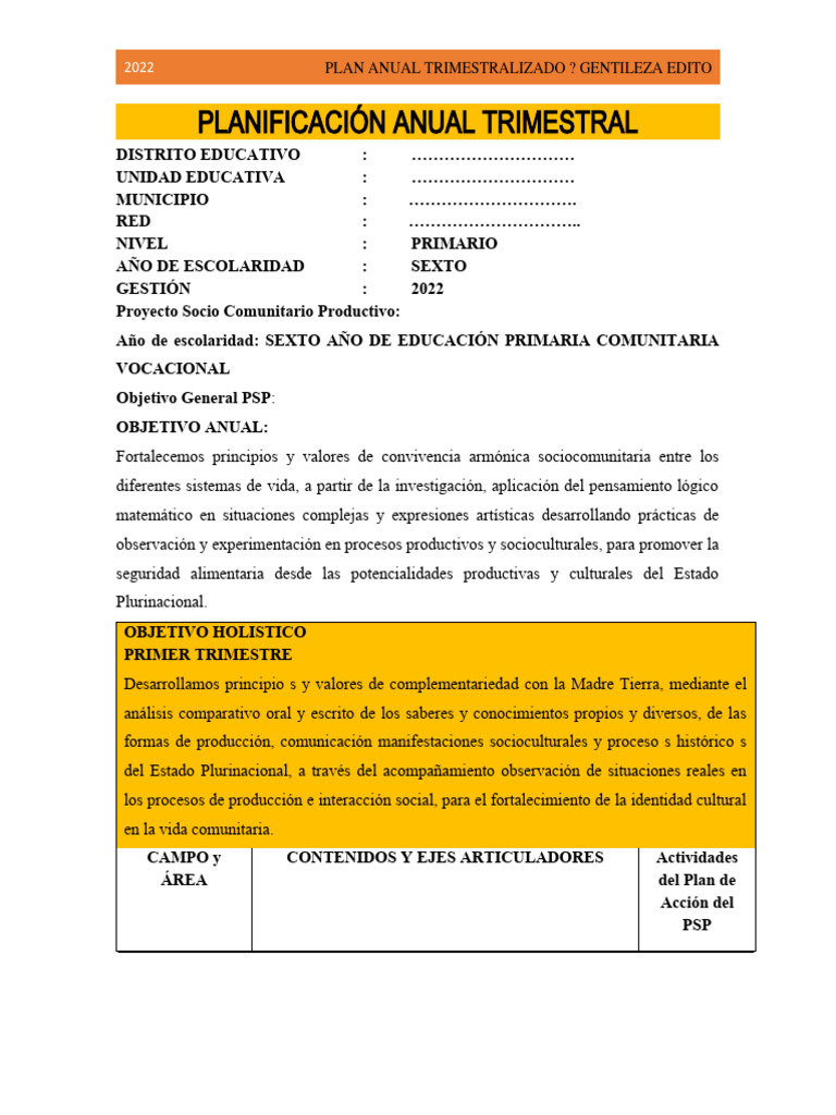 6TO PRIMARIA PLAN ANUAL TRIMESTRAL | PDF | Comunicación | Bolivia