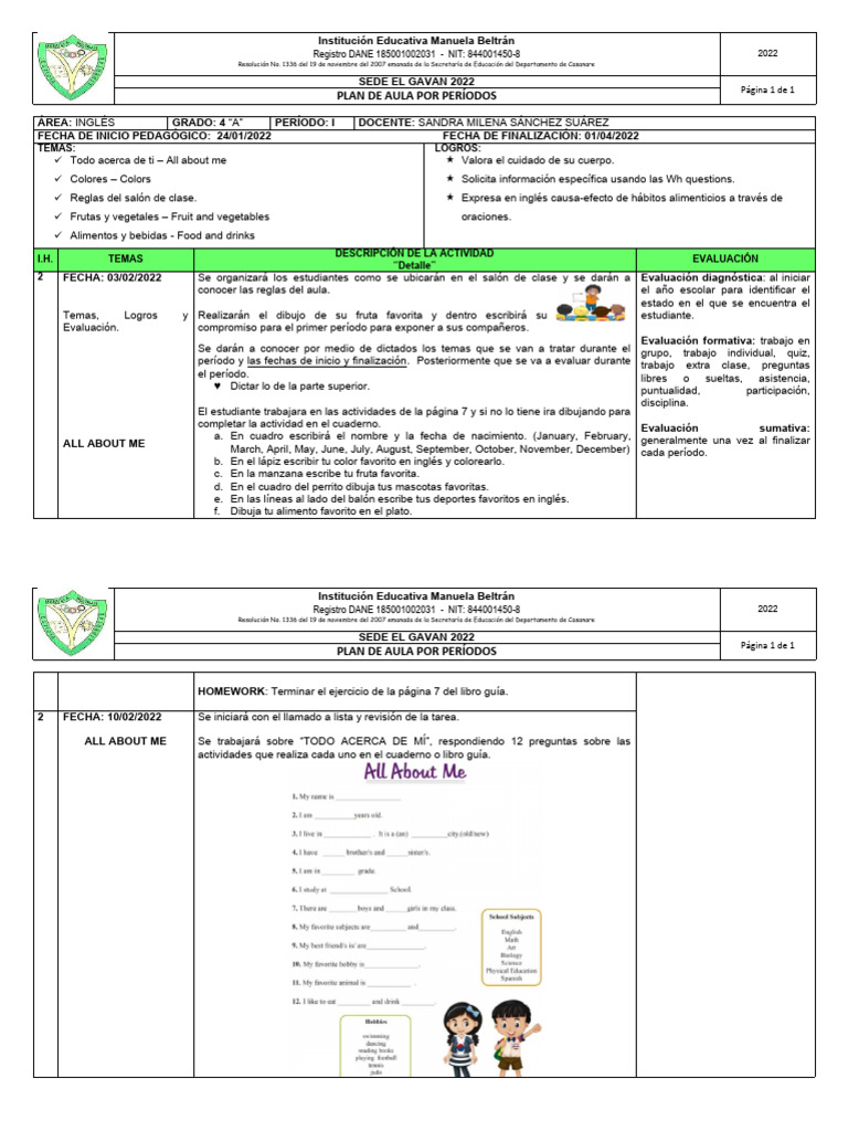 Plan de Aula Inglés 4°A Período I | PDF | Alimentos | Comida y bebida