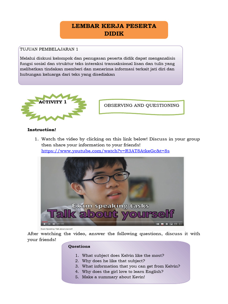 LKPD Talking About Self | PDF | Linguistics