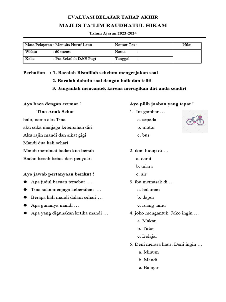 Evaluasi Menulis Huruf Latin TK | PDF