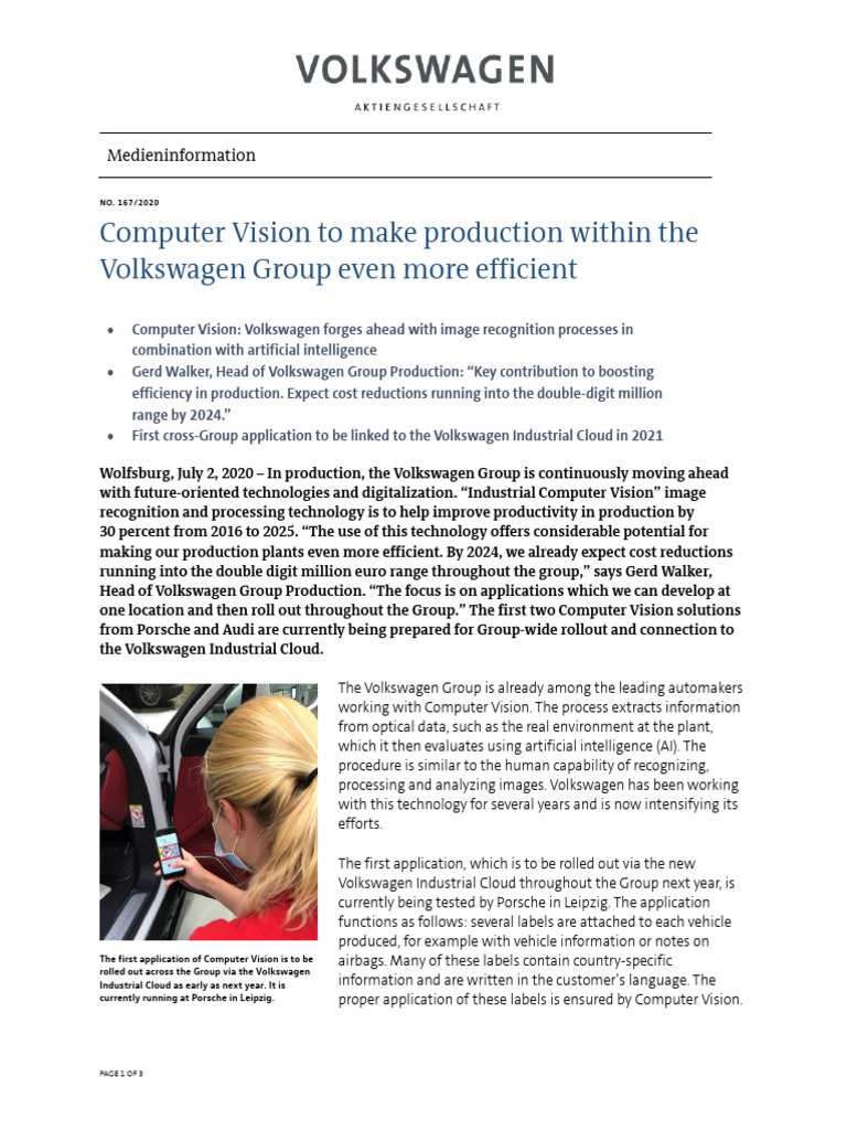 PM Computer Vision To Make Production Within The Volkswagen Group Even More Efficient | PDF ...
