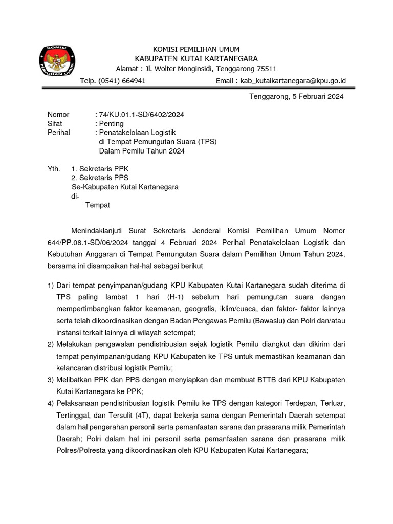 SRT Sekre KPU Kukar PenataKelolaan Distribusi Logistik Pemilu 2024 | PDF