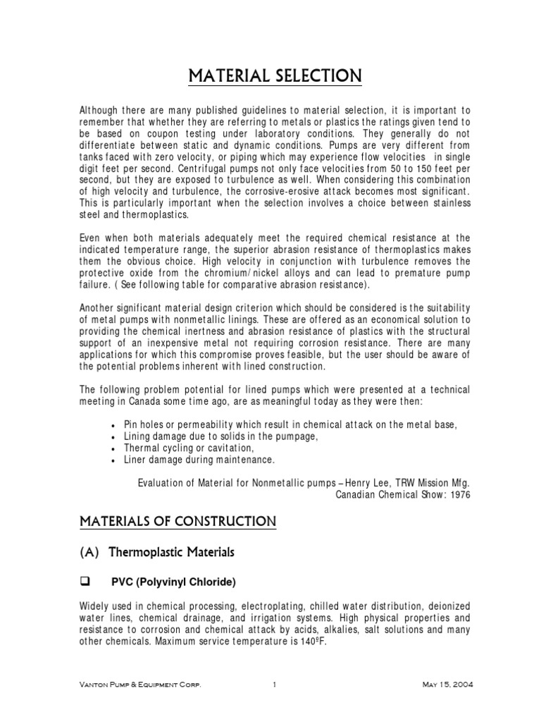 Material Selection | PDF | Thermoplastic | Pump