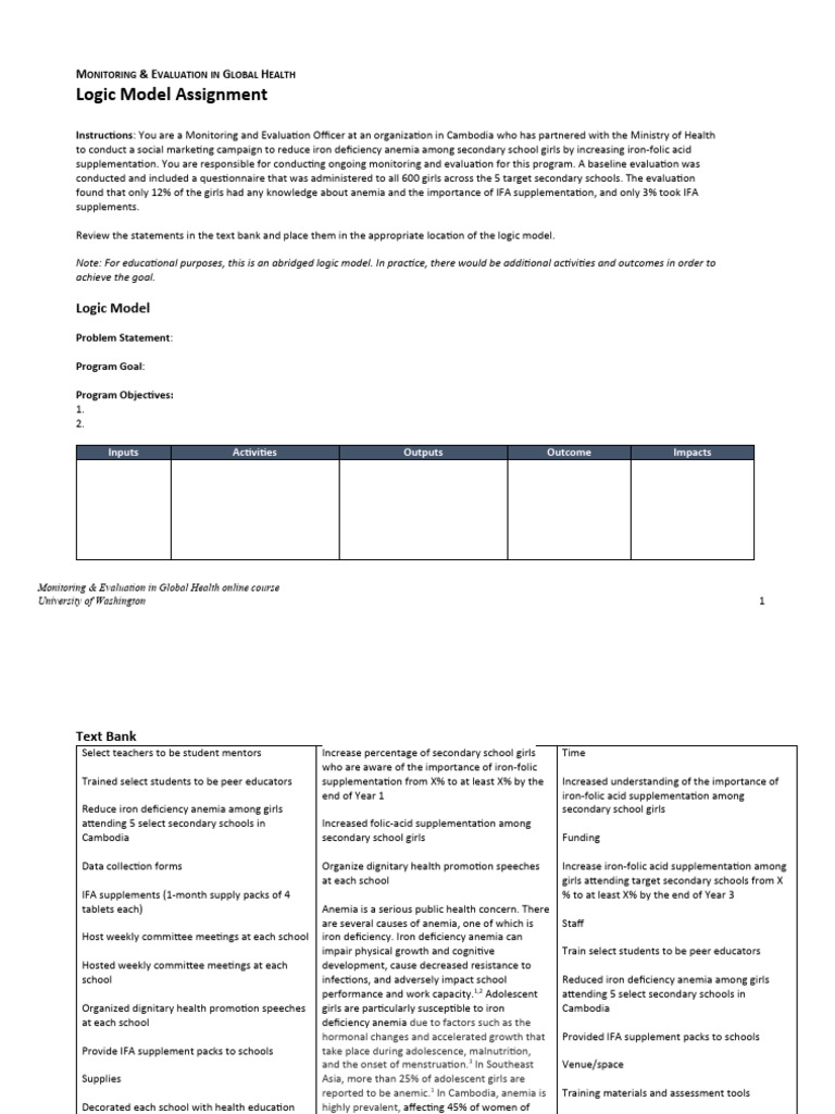M E Logic Model Assignment Pdf Anemia Adolescence 