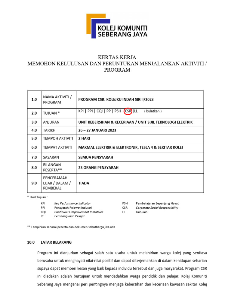 Kertas Kerja CSR - Kolejku Indah Siri I - 2023 | PDF