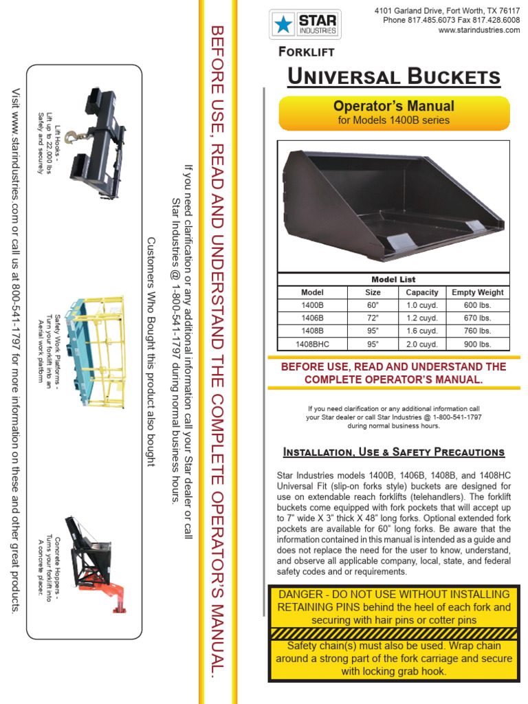 Forklift Bucket 1400B - Manual | PDF | Forklift | Cargo