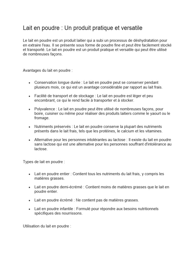 Lait en Poudre | PDF | Lait | Lait en poudre