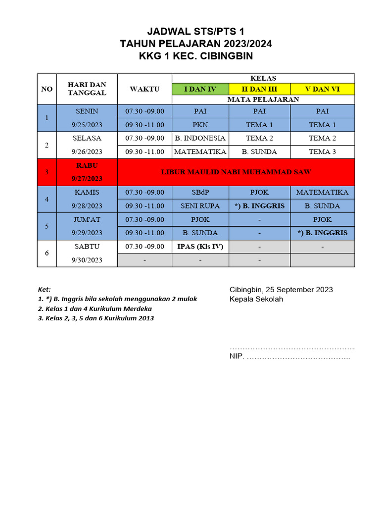 Jadwal PTS-STS 1 Tp. 2023-2024 | PDF