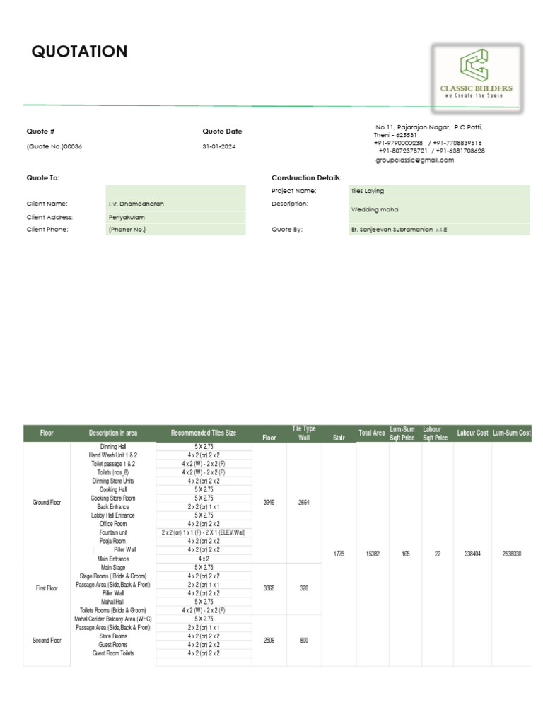 Quote CB - Periyakulam Mahal - Tile | PDF | Buildings And Structures