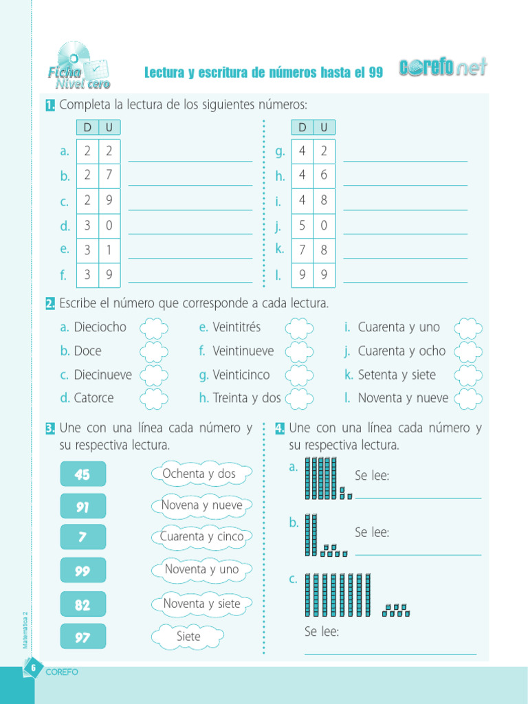Ficha_nivel_cero_lectura_y_escritura_de_números_hasta_el_99 | PDF