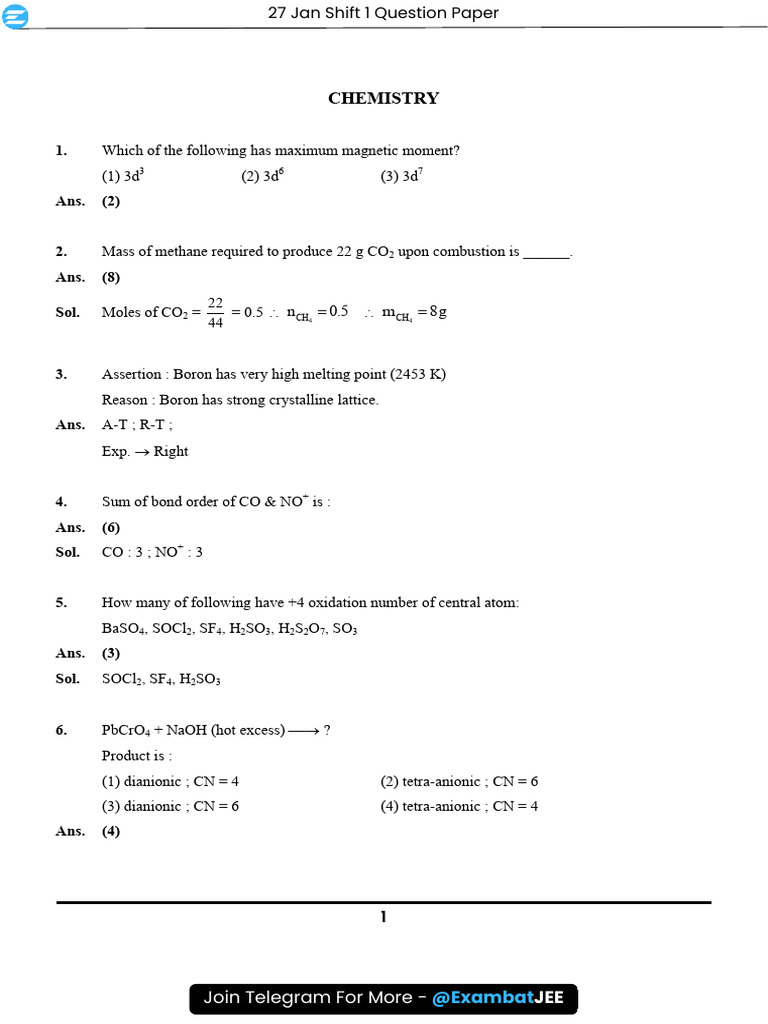 27 Jan Shift 1 Chemistry | PDF | Pascal (Unit) | Chemistry