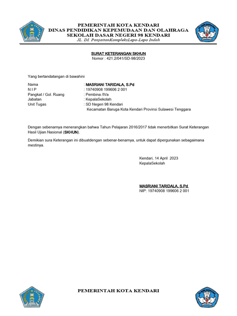 Surat Keterangan SKHUN SD 2023 | PDF