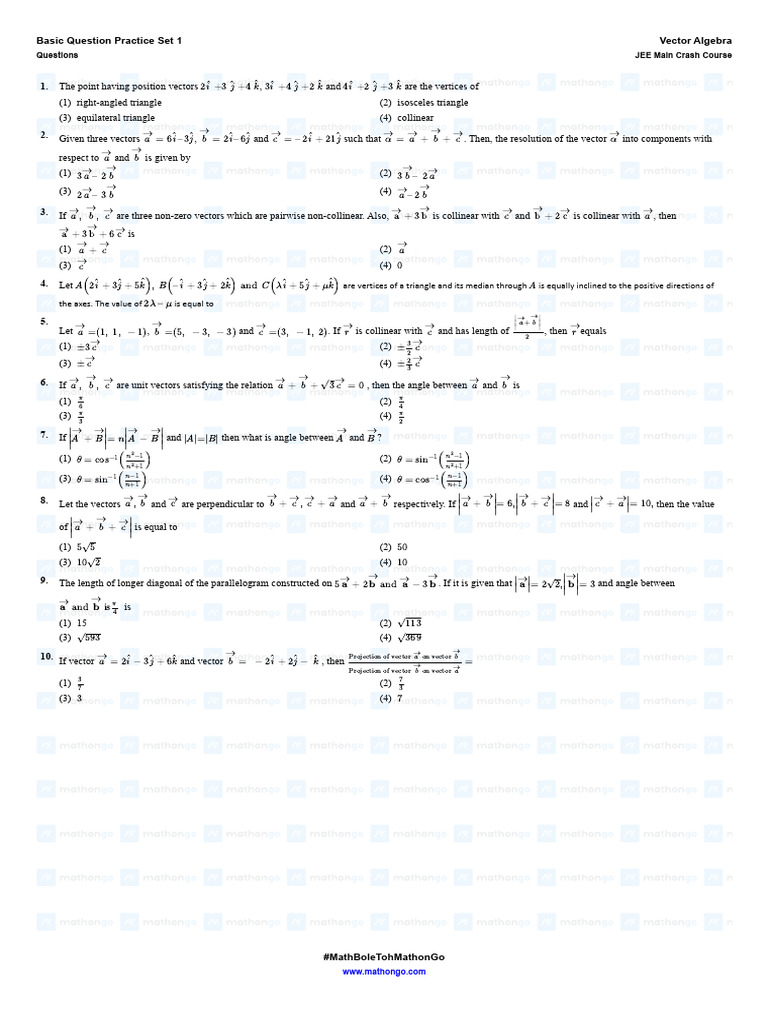 Question Practice Vector Algebra JEE Main | PDF | Triangle | Linear Algebra