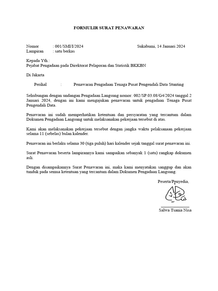 Contoh Formulir Surat Penawaran | PDF