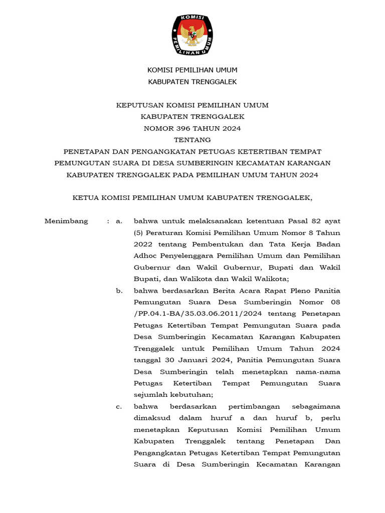 SK Pengangkatan Petugas Ketertiban TPS PPS Desa Sumberingin | PDF