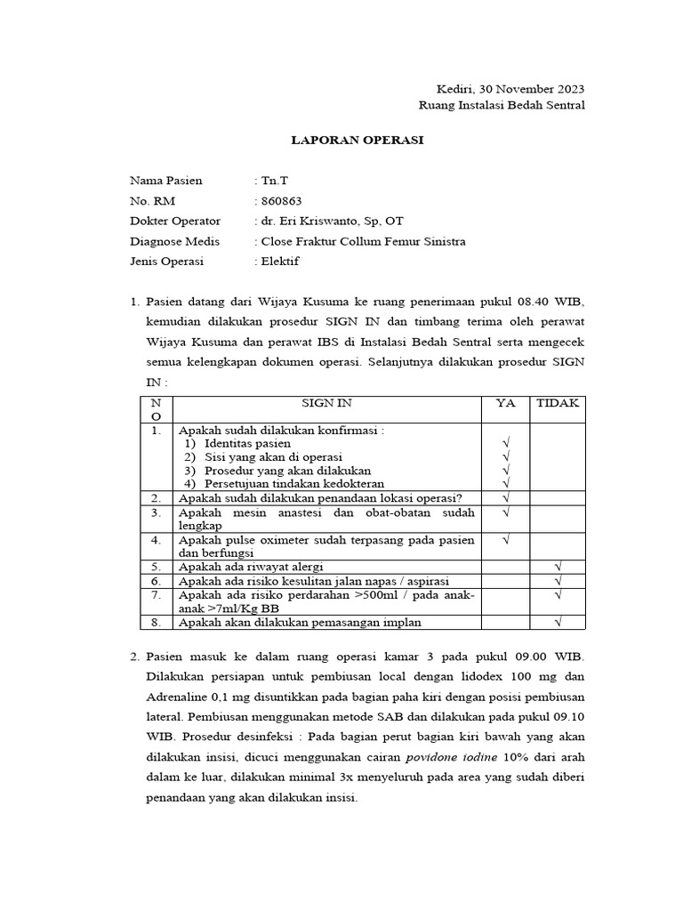 Laporan Operasi Bipolar Hemiarthoplasty | PDF