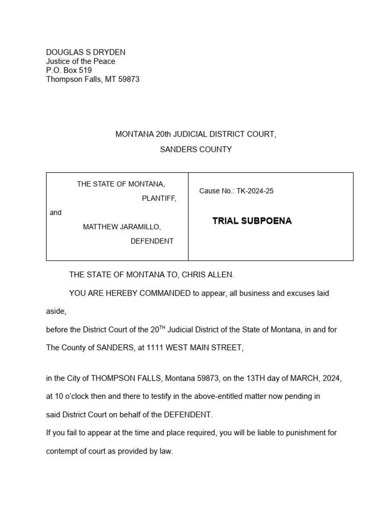 Trial Subpoena - Chris Allen | PDF | Subpoena | Discovery (Law)