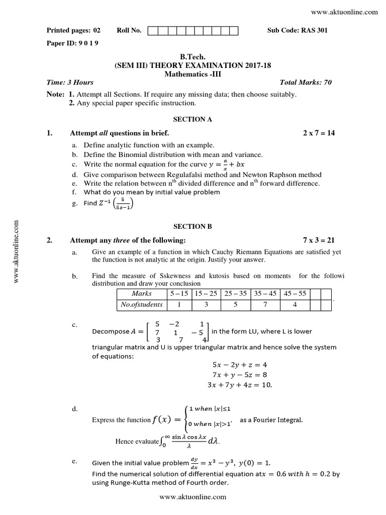 B.Tech Math-III Exam Paper | PDF | Fourier Transform | Equations