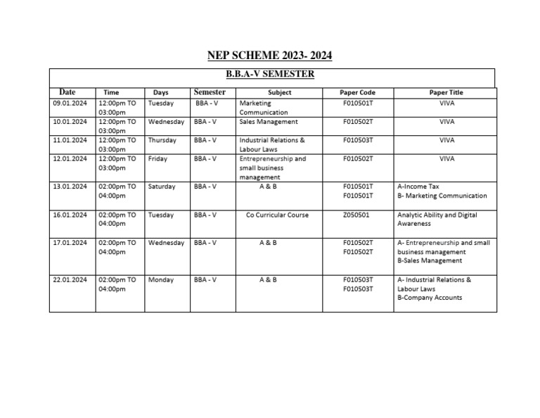 BBA V Semester Viva Schedule 2024 | PDF
